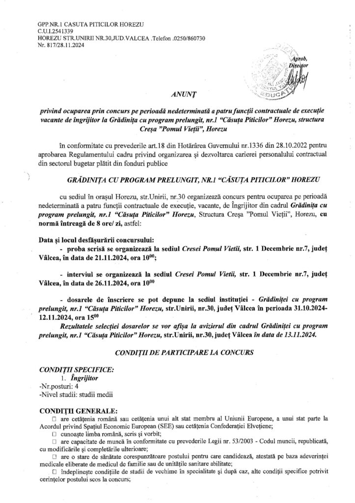 Anunț privind ocuparea prin concurs a 4 funcții de îngrijitor la ...
